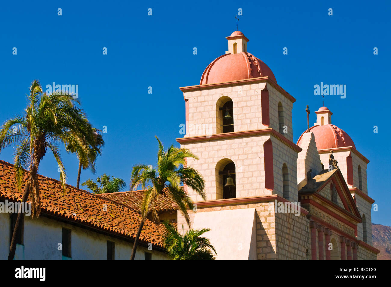 Bell towers and palms at the Santa Barbara Mission (Queen of the ...