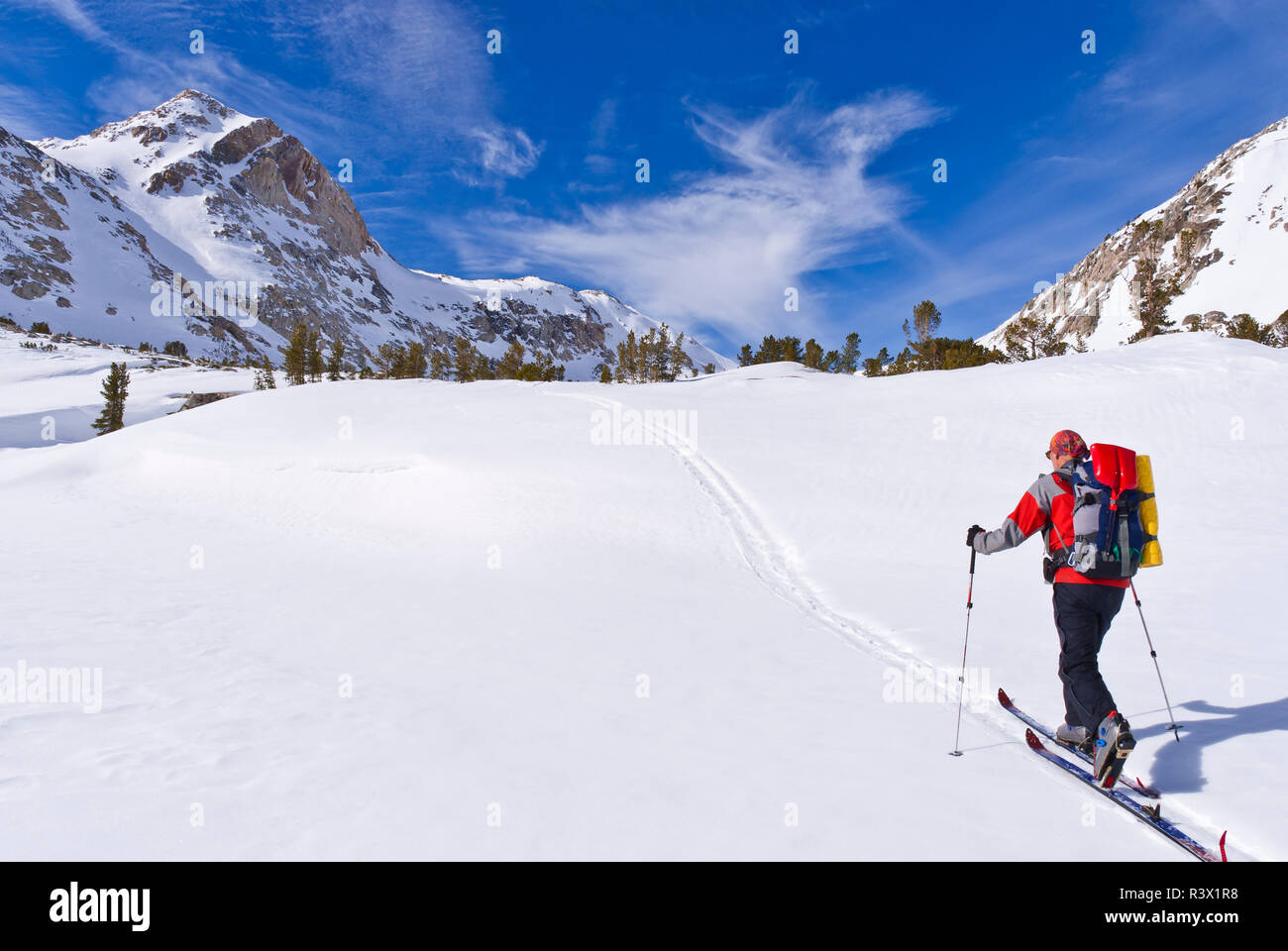 Backcountry skier under Piute Pass, John Muir Wilderness, Sierra Nevada ...