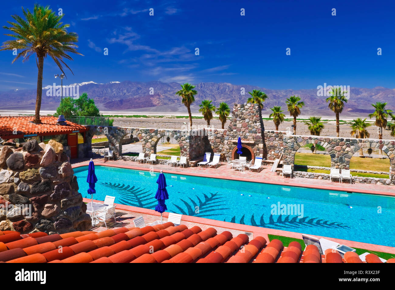 Swimming pool and tile roof at Furnace Creek Inn, Death Valley National ...