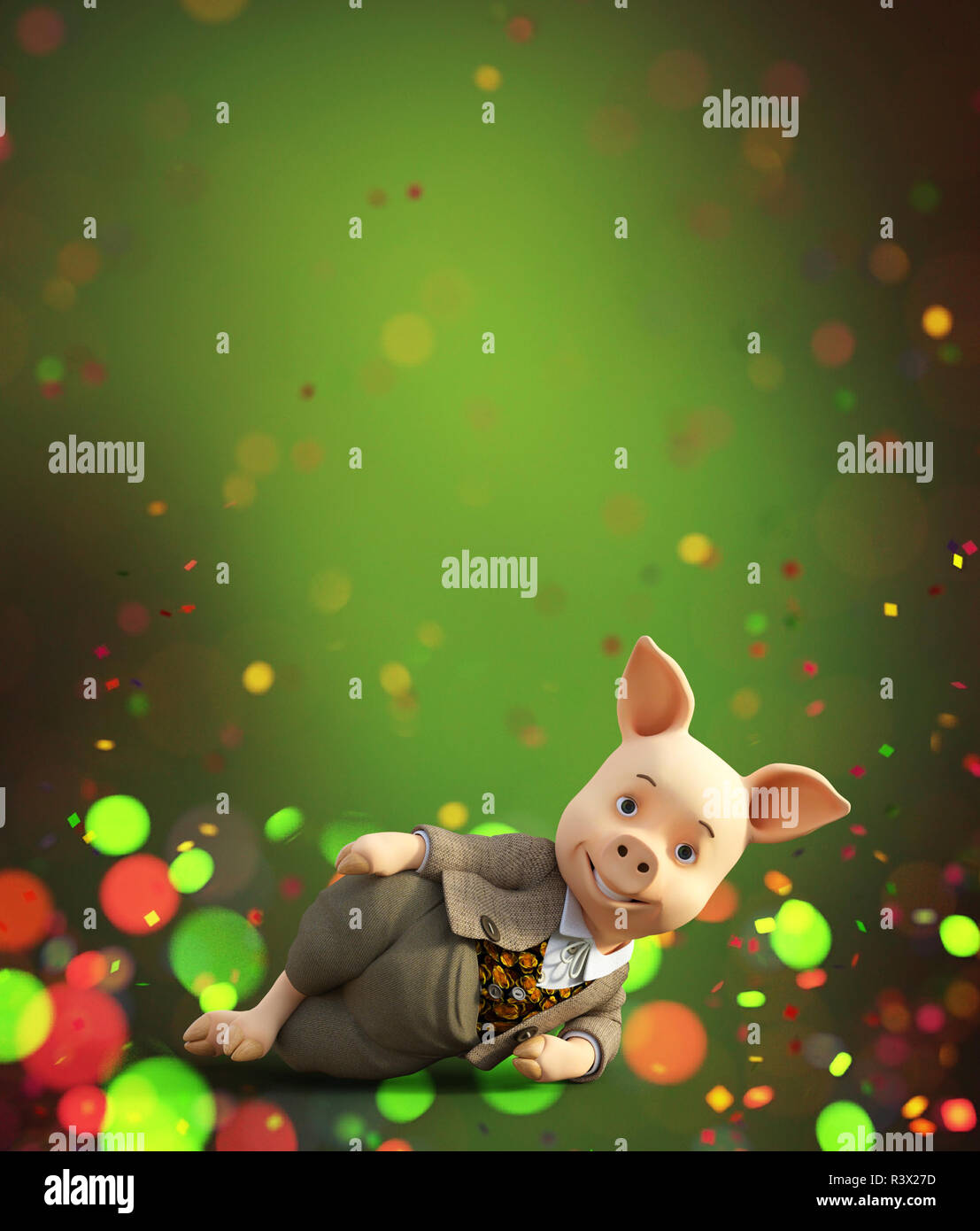 Happy cartoon pig on colorful blurred lights background,as 2019 is the ...