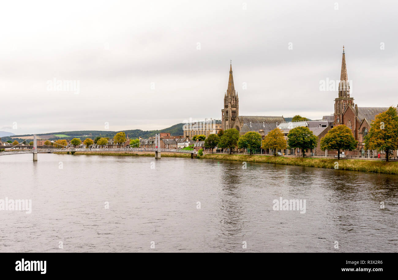 Scenic autumn cityscape in Inverness city centre with two scenic famous ...