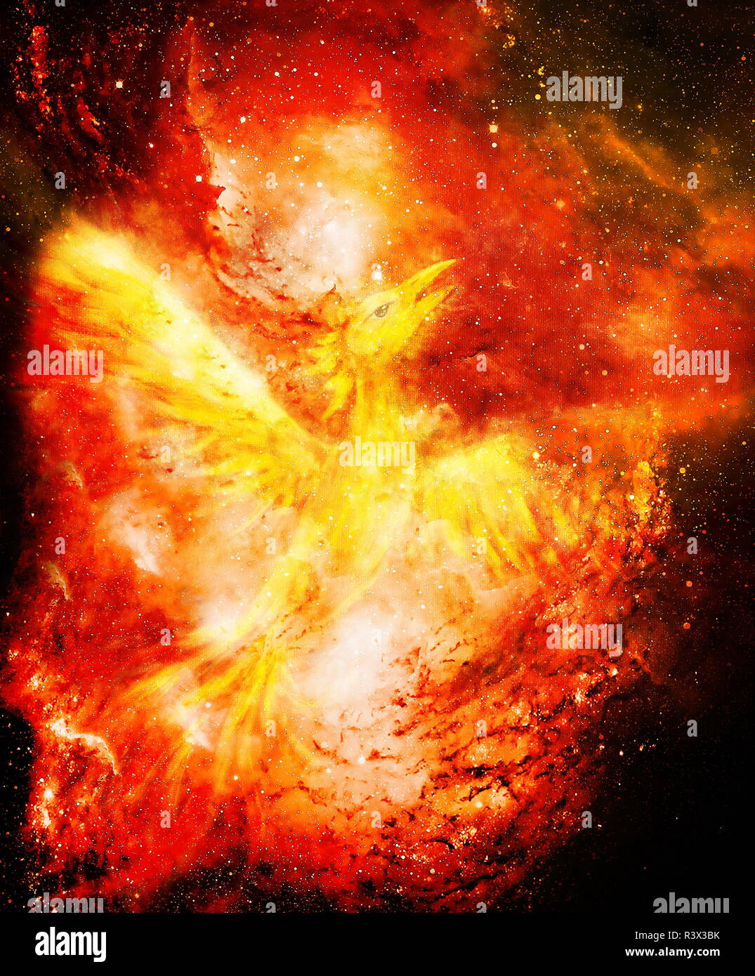 Flying phoenix bird as symbol of rebirth and new beginning in cosmic ...