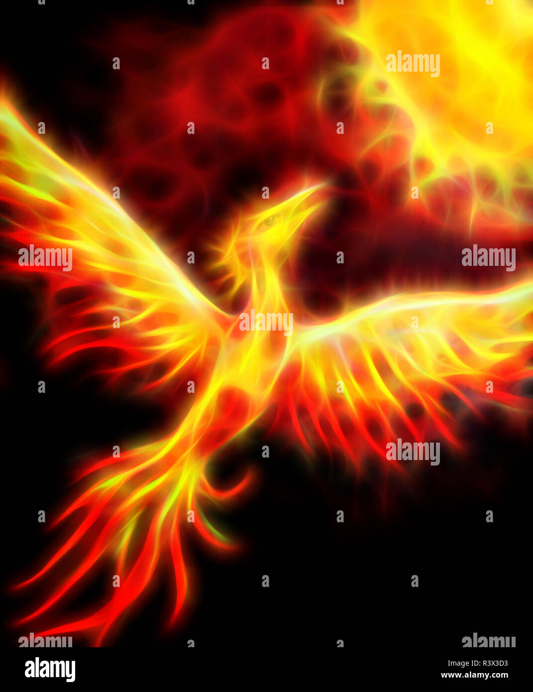 Flying phoenix bird as symbol of rebirth and new beginning. Fractal ...