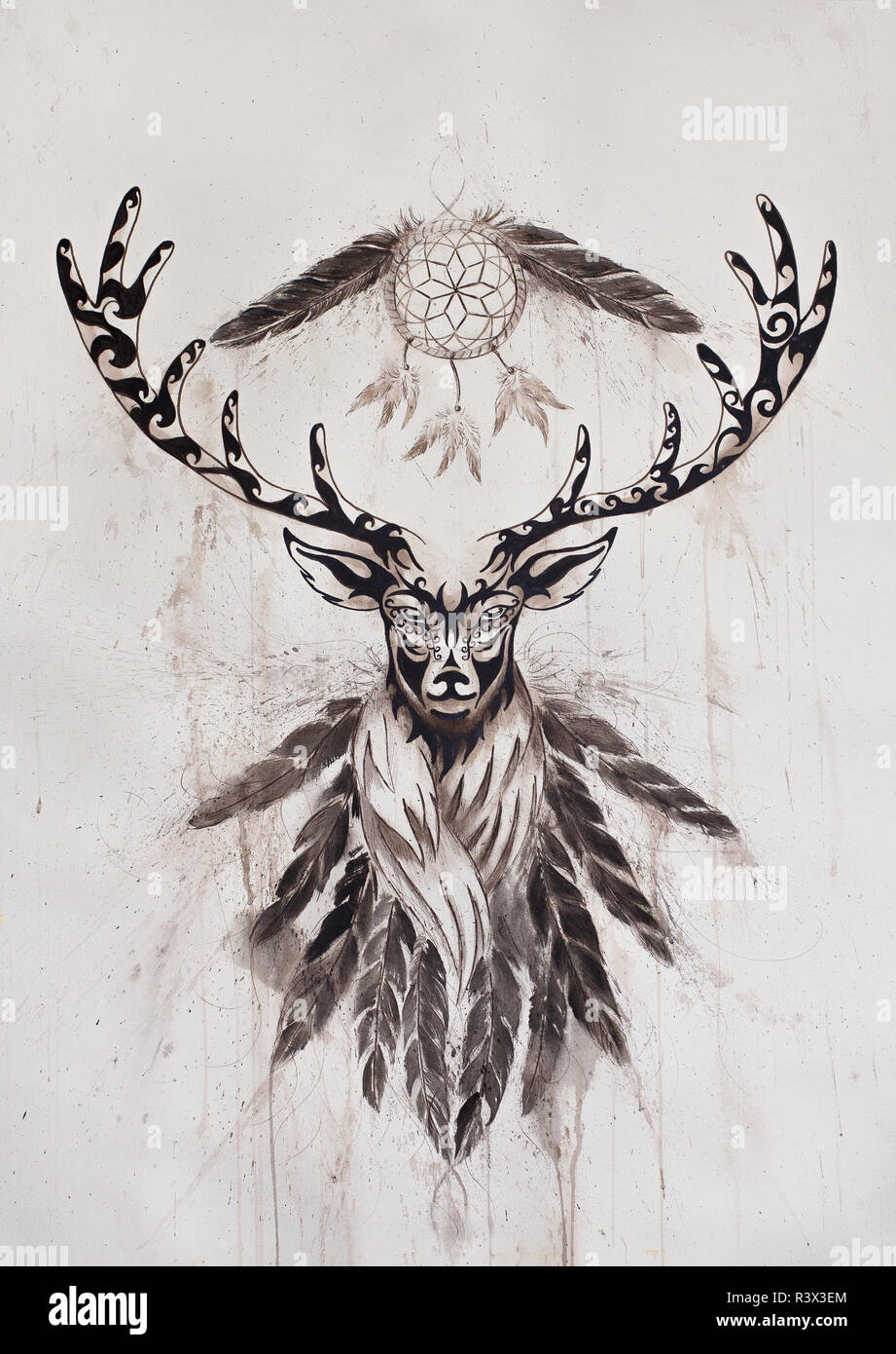 sacred ornamental deer spirit with dream catcher symbol and feathers ...
