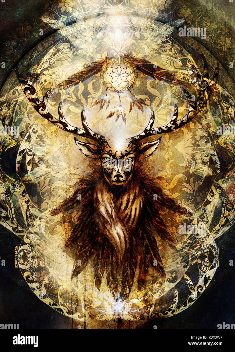 sacred deer spirit with dream catcher and feathers on ancient ...
