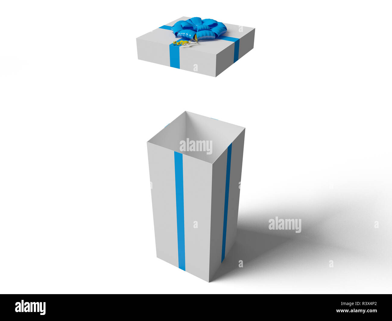Open White gift box with blue ribbon bow Stock Photo - Alamy