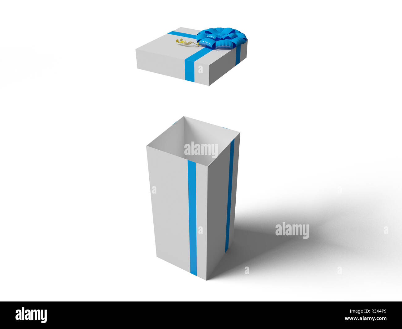 Open White gift box with blue ribbon bow Stock Photo - Alamy