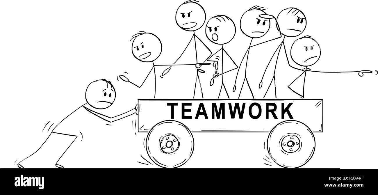 Cartoon of Group or Team of Men or Businessmen Riding on Cart Pushed by ...