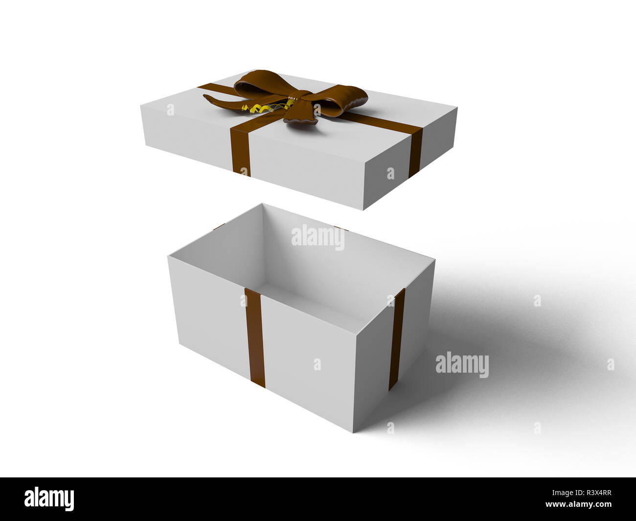 Open White gift box with Brown ribbon bow Stock Photo - Alamy