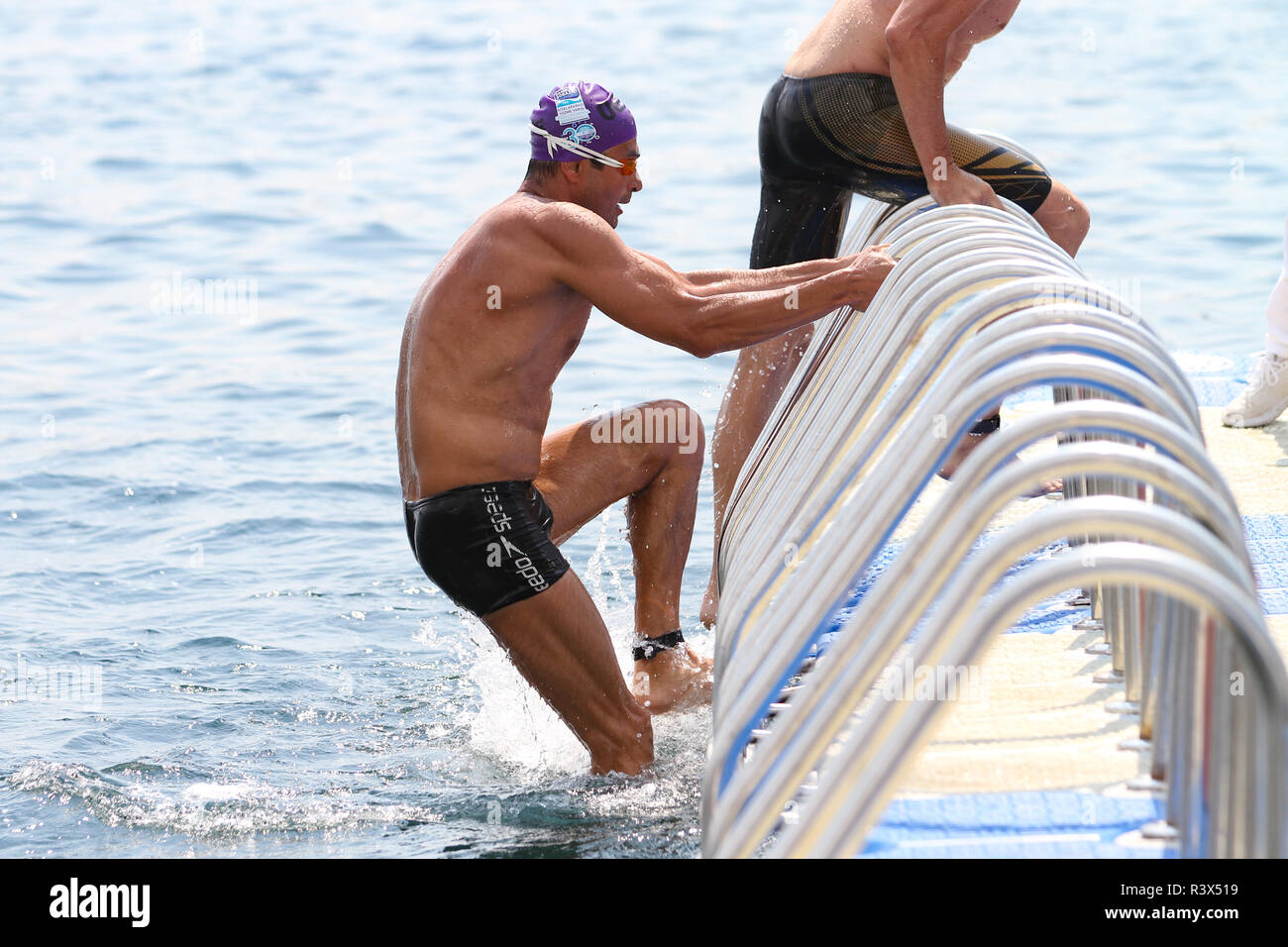 ISTANBUL, TURKEY - JULY 22, 2018: Swimmer in finish of Samsung ...