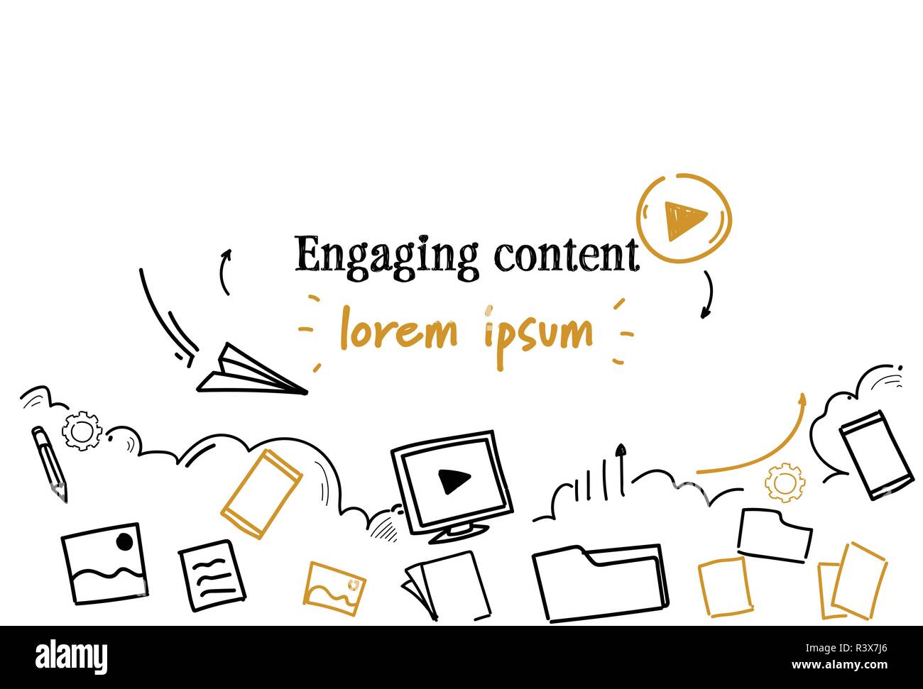 social media sharing engaging content concept sketch doodle horizontal ...