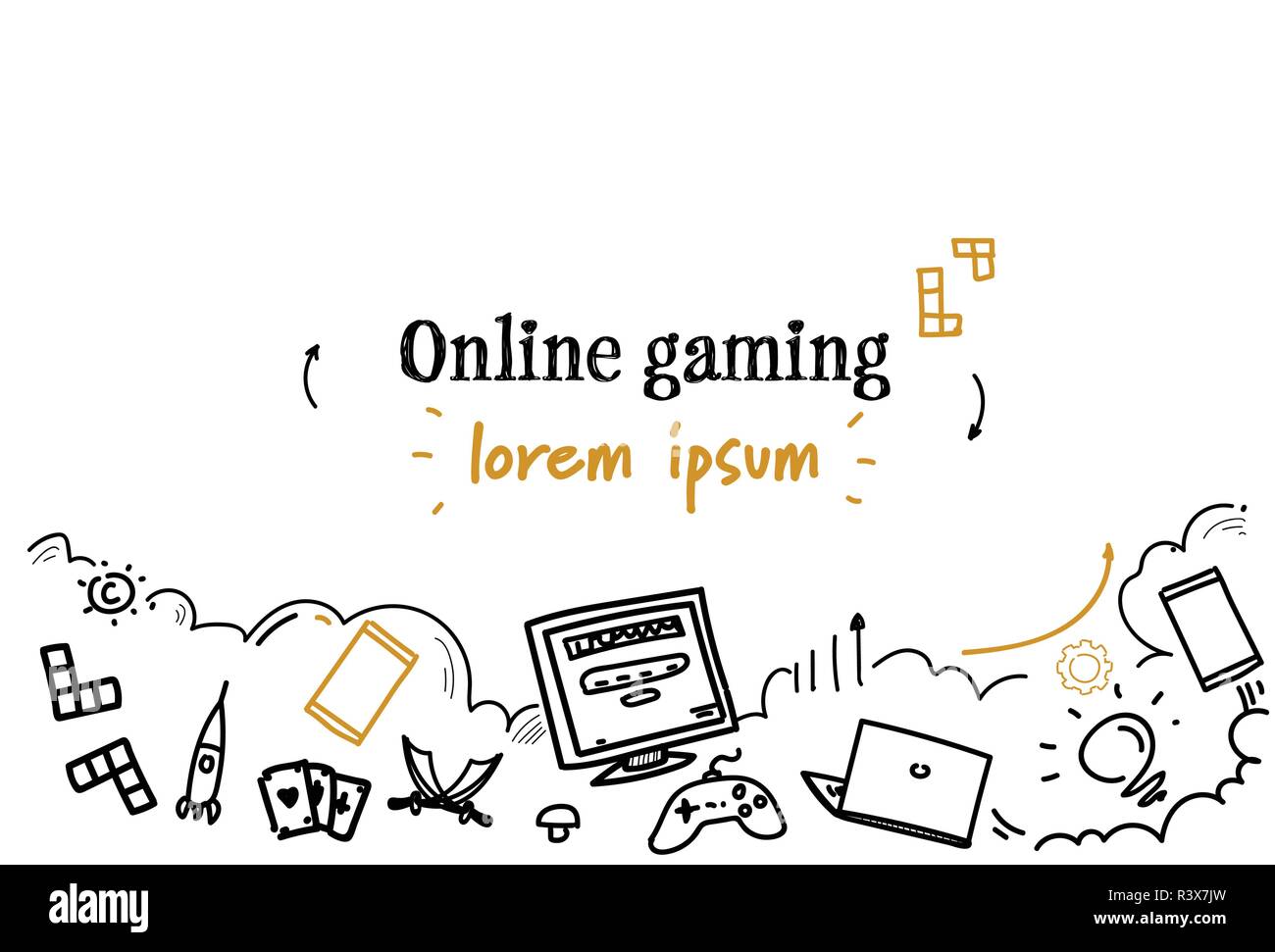 Internet Network Online Gaming Concept Sketch Doodle Horizontal Isolated Copy Space Stock Vector