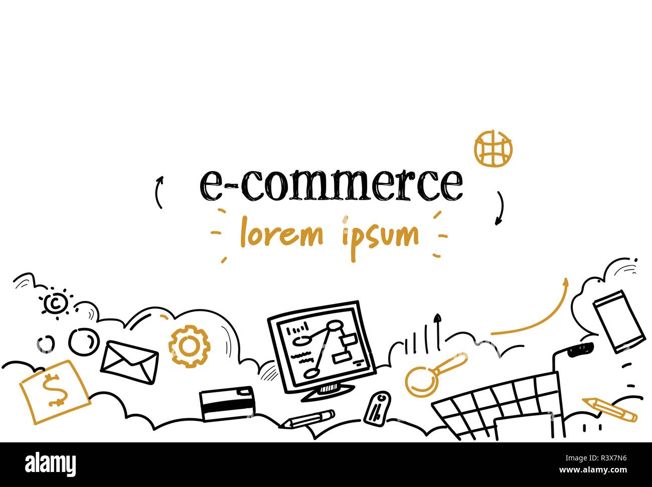 online shopping technology e-commerce concept sketch doodle horizontal ...