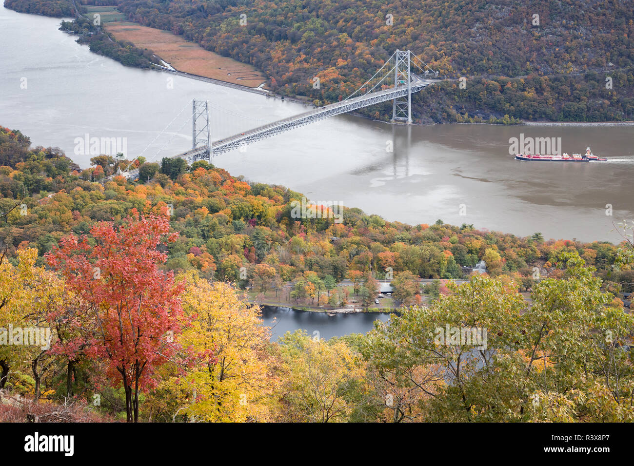 Looking down at the Bear Mountain Bridge and Hessian Lake from Perkins ...