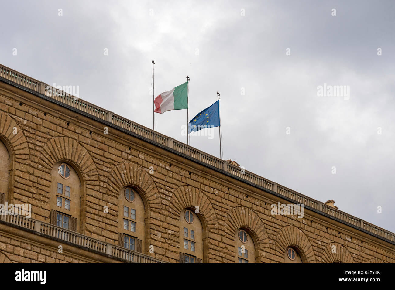 Flag of Italy and the European Union on the roof. Old building Stock ...