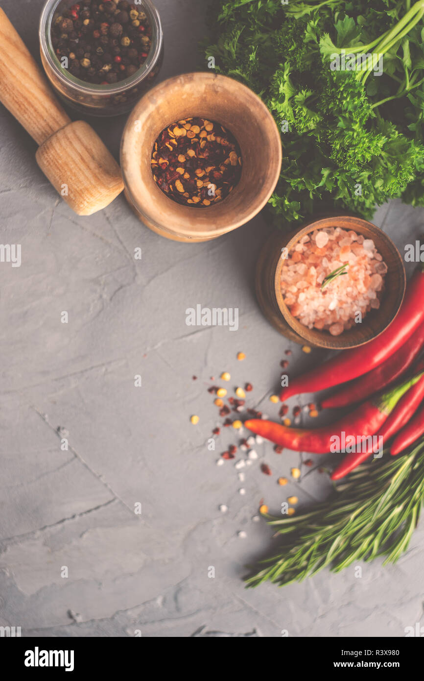 Organic spices and herbs on rustic background with copy space Stock ...