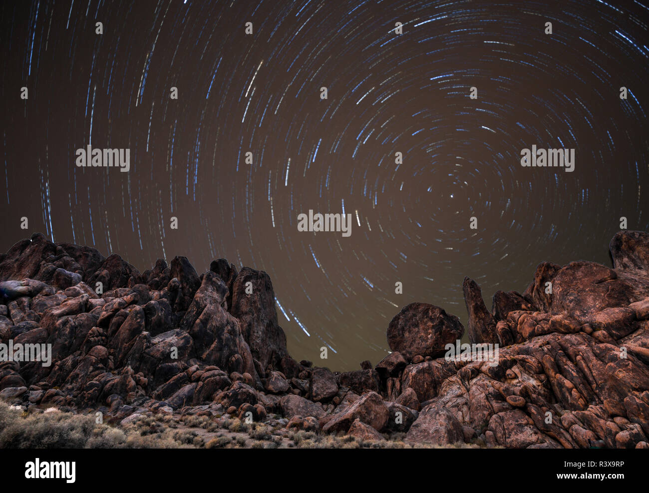 USA, California, Lone Pine, Alabama Hills, star trails over Gunga Din ...