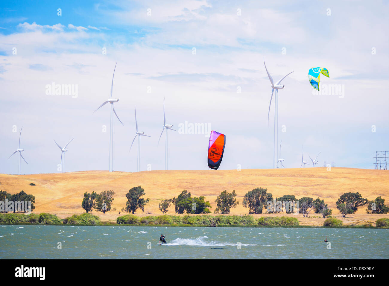 Usa, California, Rio Vista, Sacramento River Delta. Kiteboarder with ...