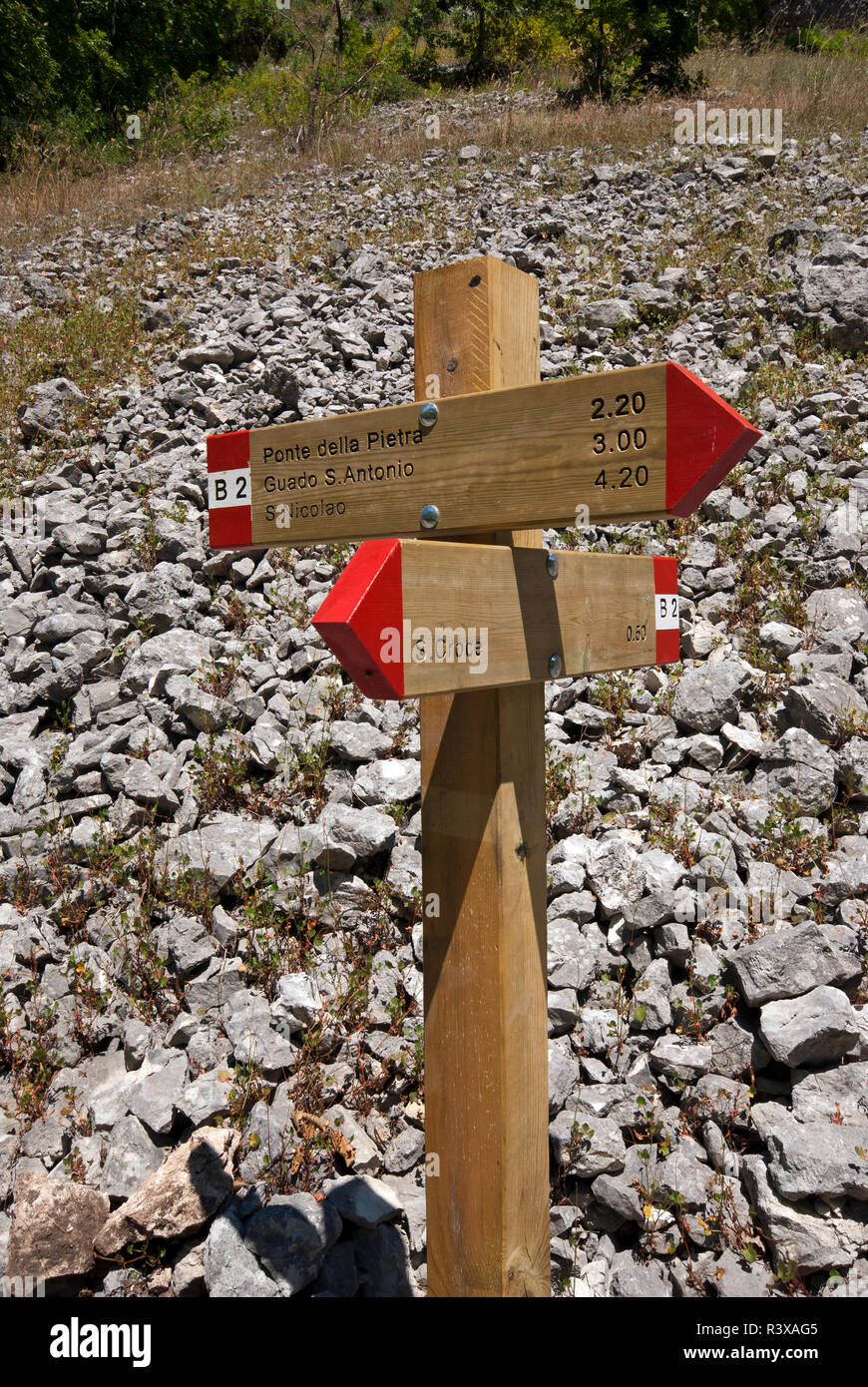 Wooden path signs in Orfento Valley Natural Reserve, Majella National ...