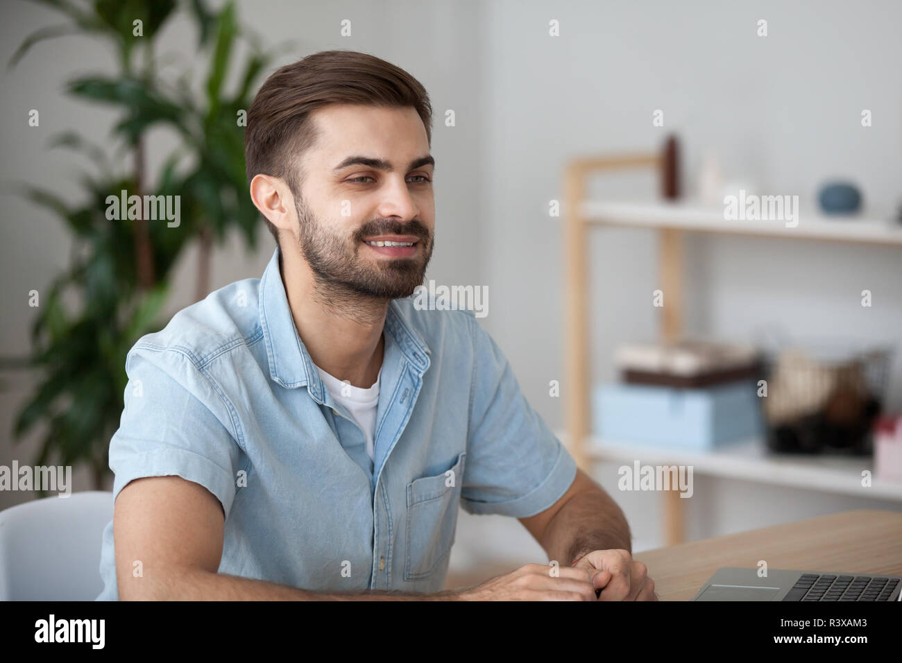Happy man look in distance dreaming of future success Stock Photo - Alamy