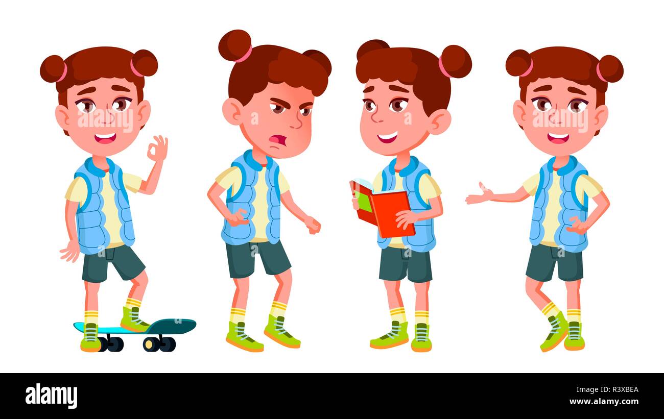 Girl Kindergarten Kid Poses Set Vector. Kiddy, Child Expression. Junior ...