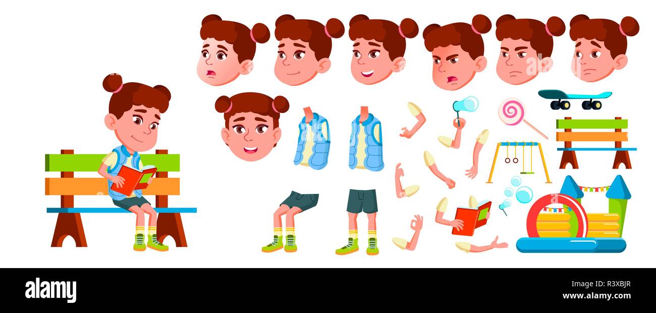 Girl Kindergarten Kid Vector. Animation Creation Set. Face Emotions ...