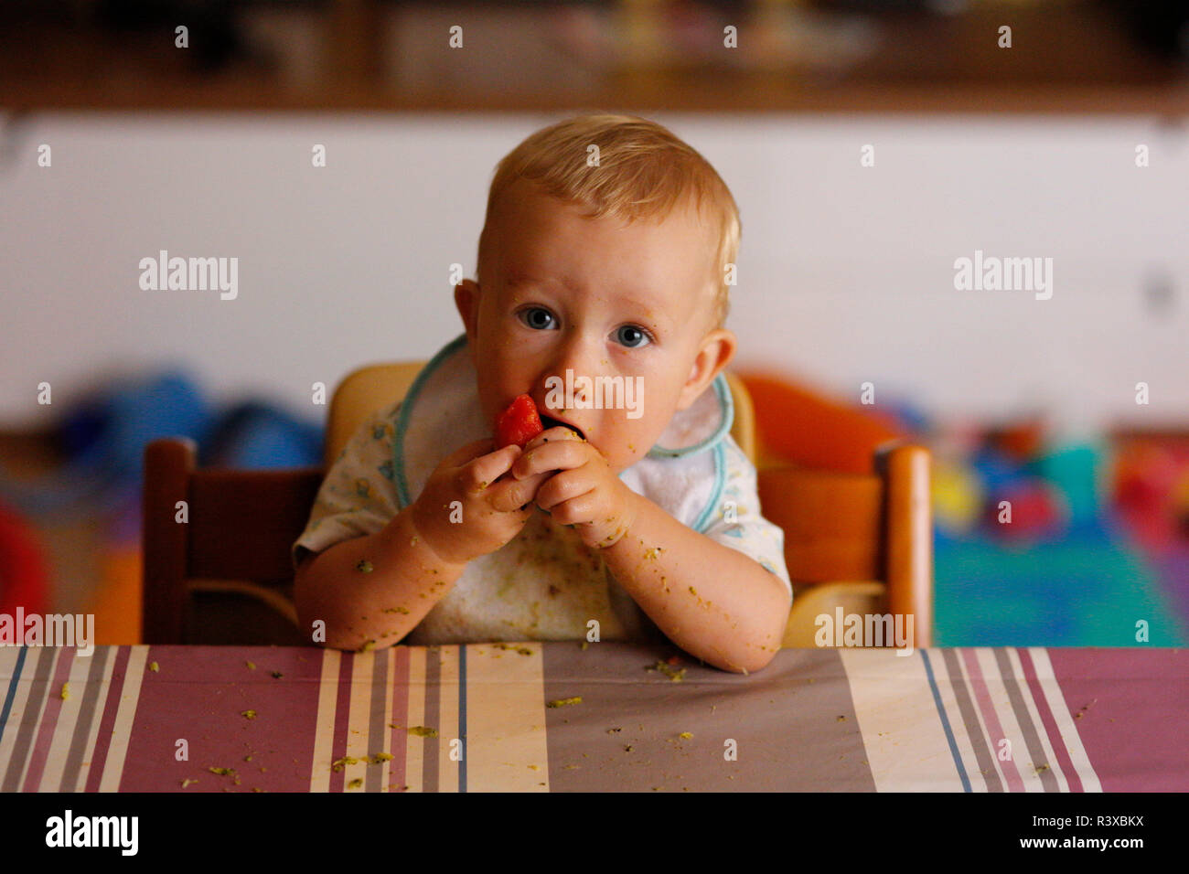 Baby led weaning, baby learning to eat with his first foods Stock Photo ...