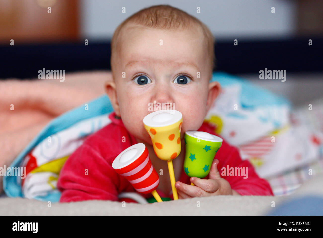 Baby boy holding rattle hi-res stock photography and images - Alamy