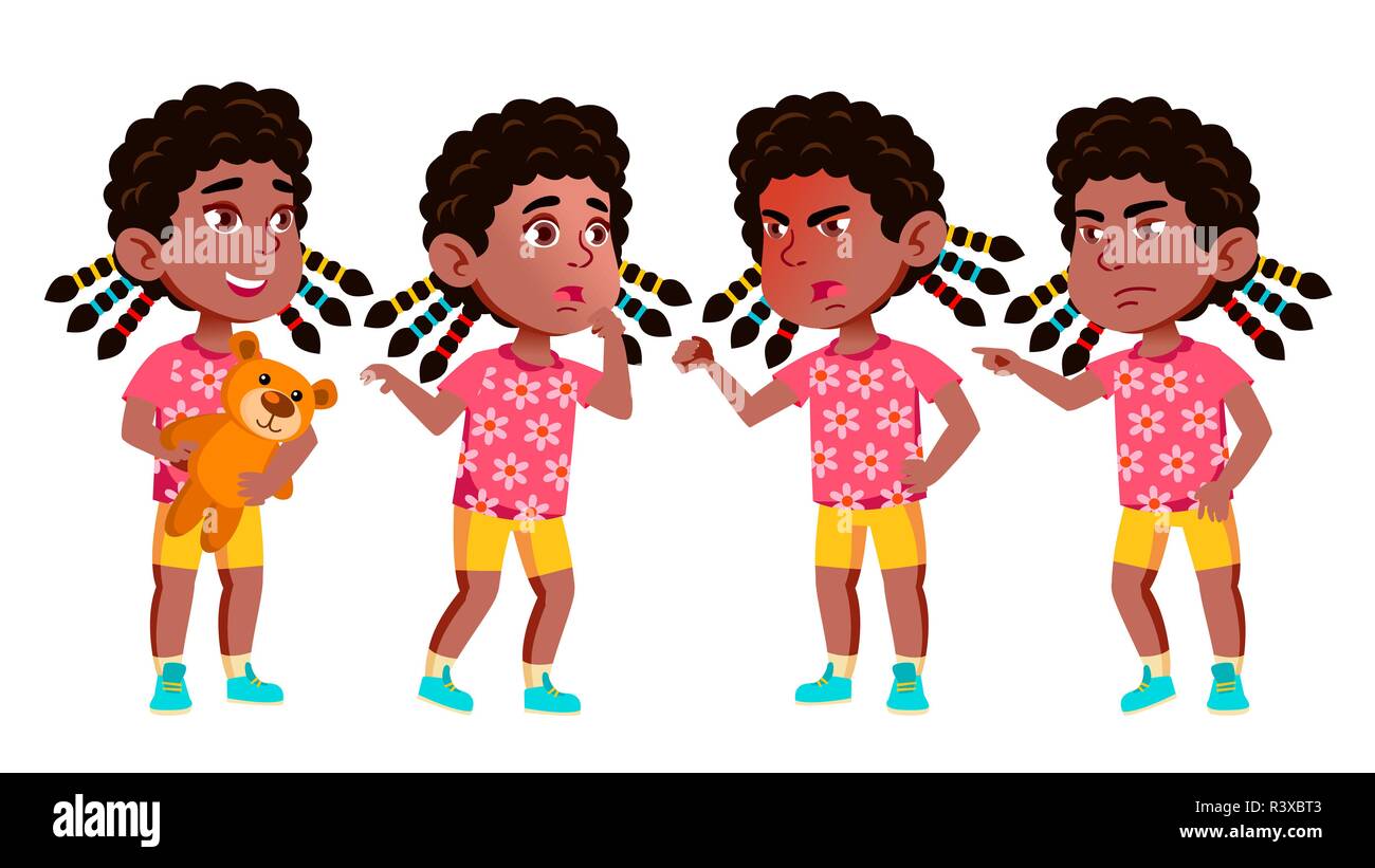 Girl Kindergarten Kid Poses Set Vector. Black. Afro American. Friendly ...