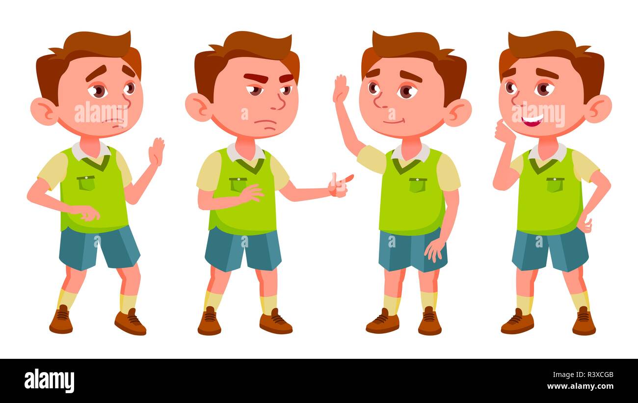 Boy Kindergarten Kid Poses Set Vector. Preschooler Playing. Friendship ...