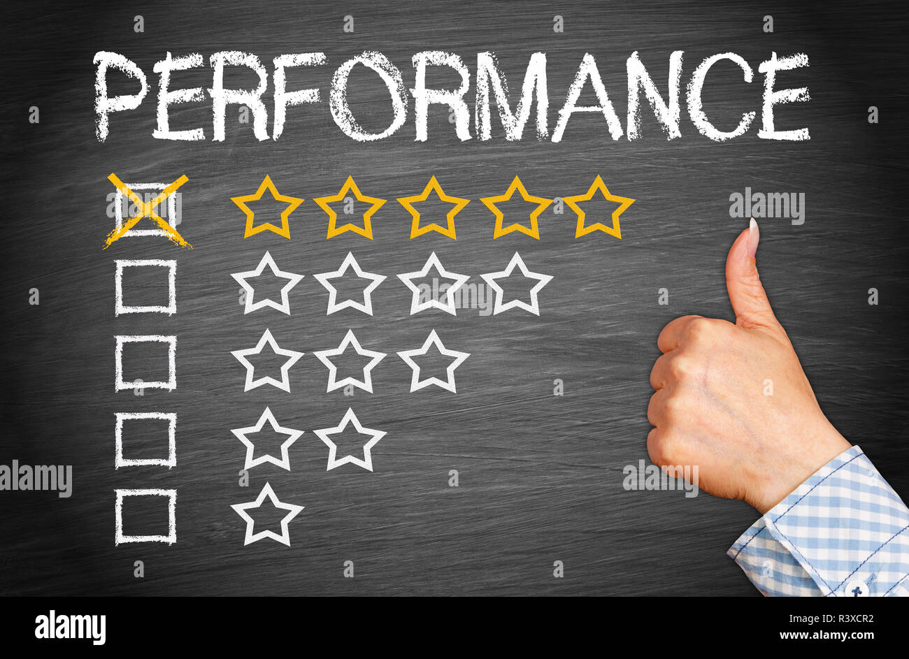 Best Performance - five stars with thumb up Stock Photo - Alamy
