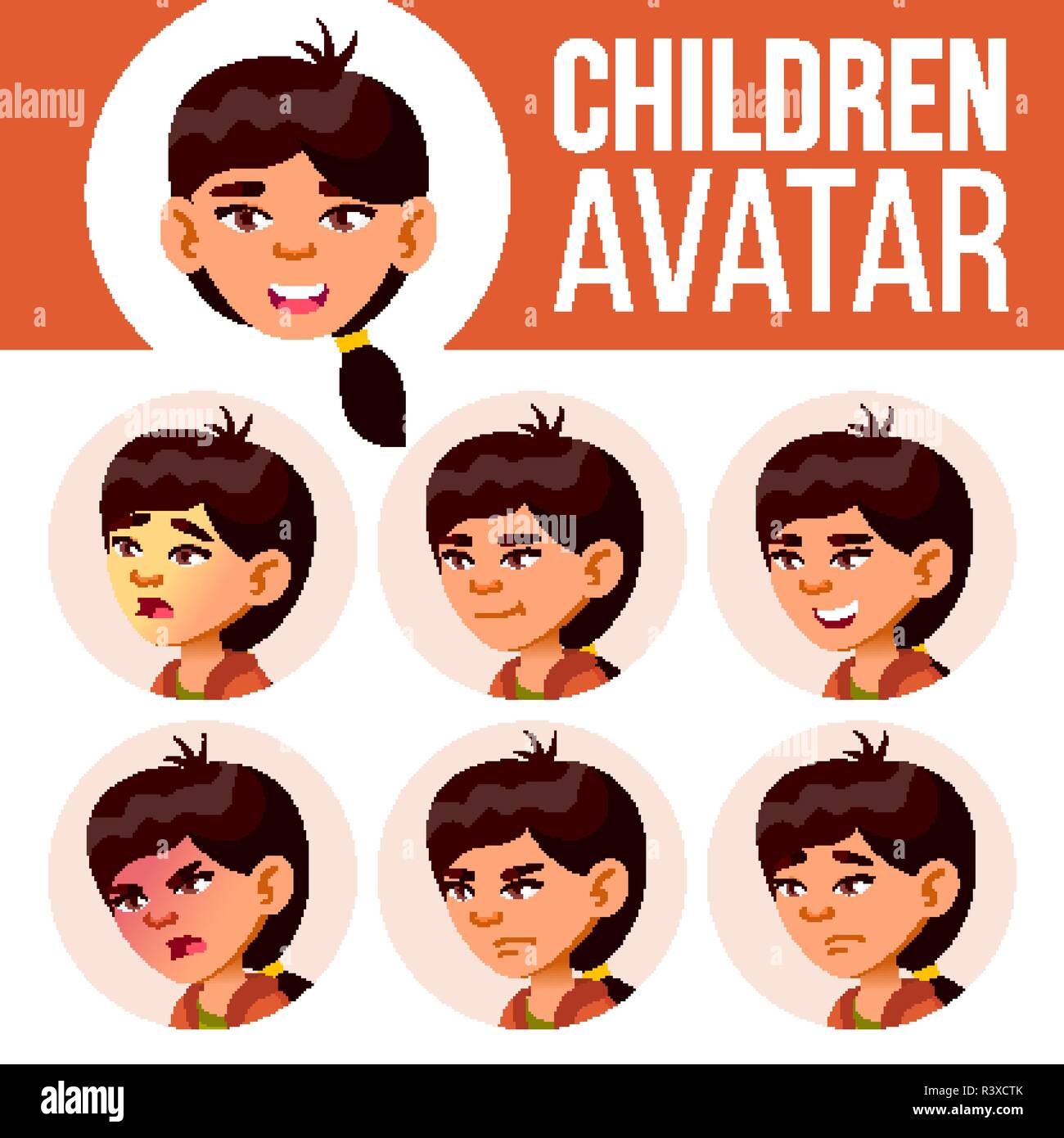 Asian Girl Avatar Set Kid Vector. Primary School. Face Emotions ...