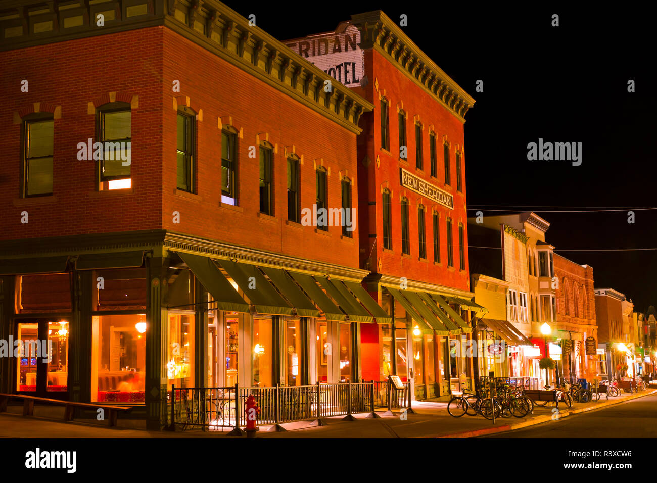 Historic downtown buildings at night, Telluride, Colorado, USA ...