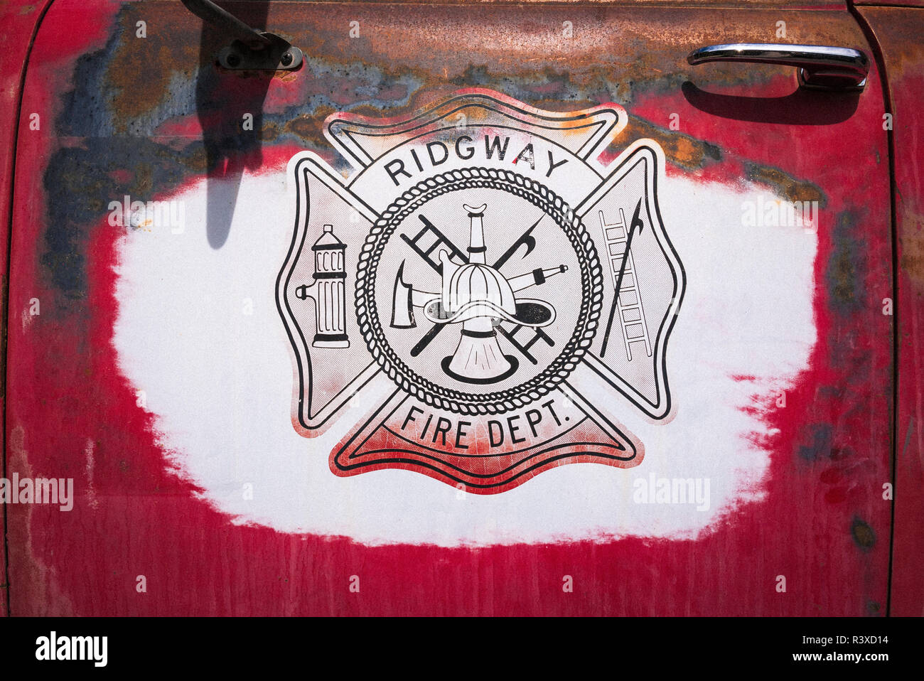 Old fire truck emblem, Ridgway, Colorado, USA. (Editorial Use Only ...