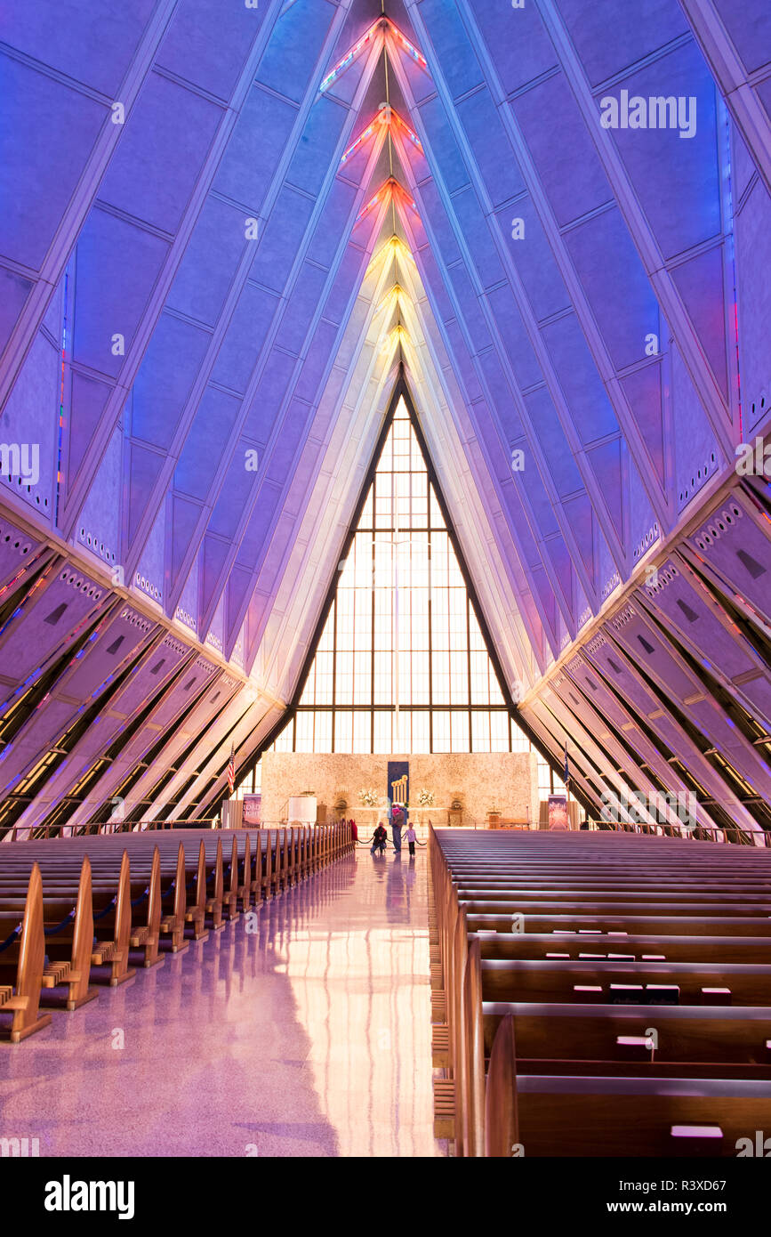 USA, Colorado, Colorado Springs., USAFA dramatic chapel interior ...