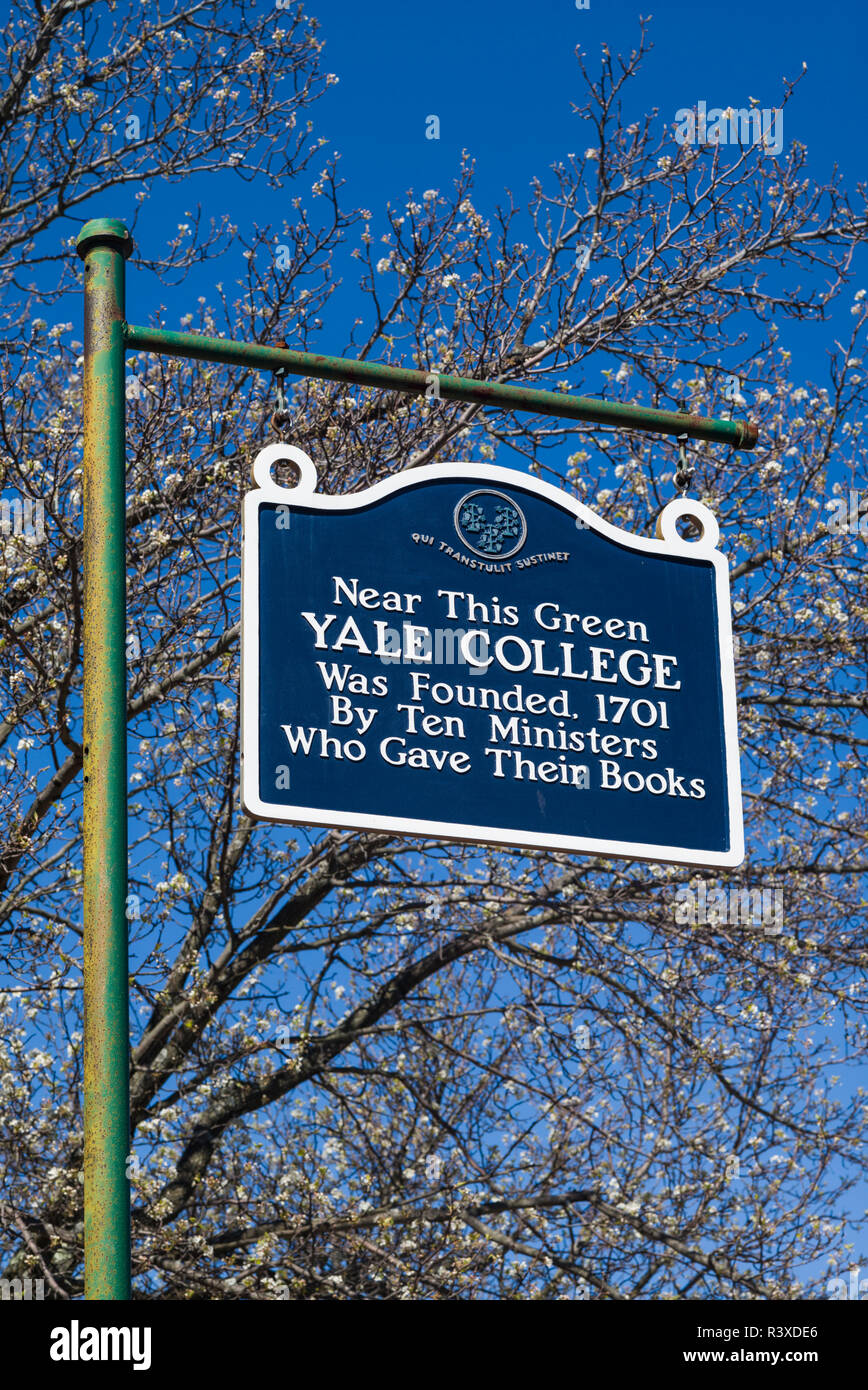 USA, Connecticut, Branford, sign on Branford Town Green, commemorating ...