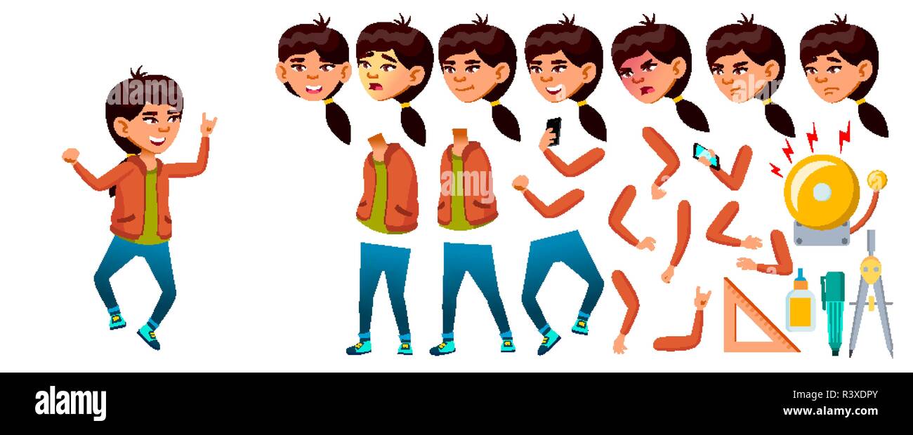 Asian Girl Vector. High School Child. Animation Creation Set. Face ...