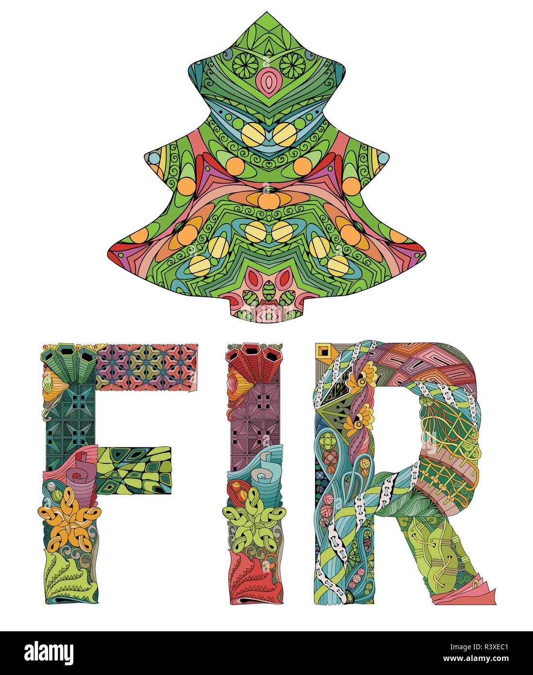 Hand-painted art design. Hand drawn illustration word FIR with a ...