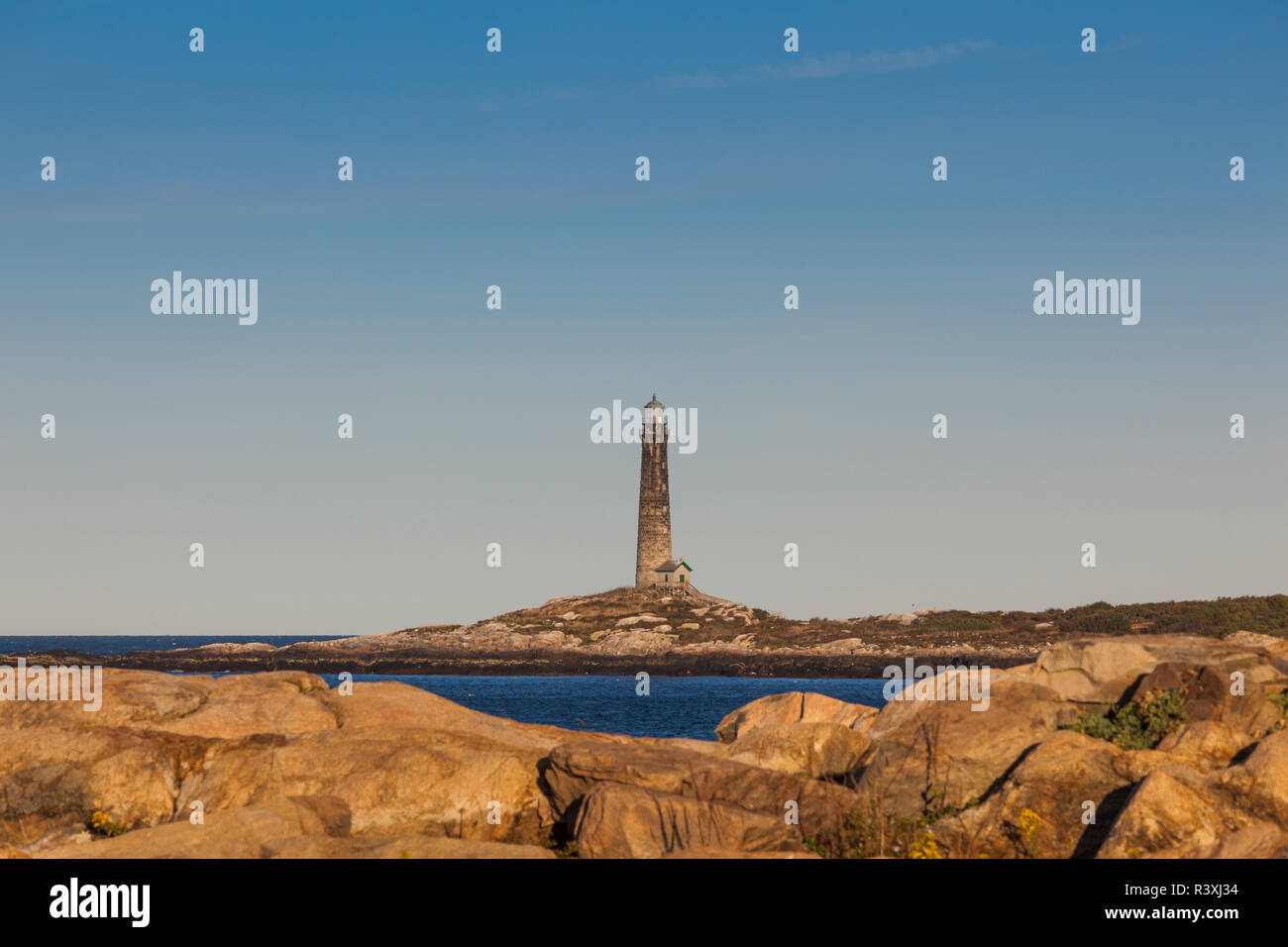 USA, Cape Ann, Rockport, Thatcher Island North Lighthouse, sunset Stock ...