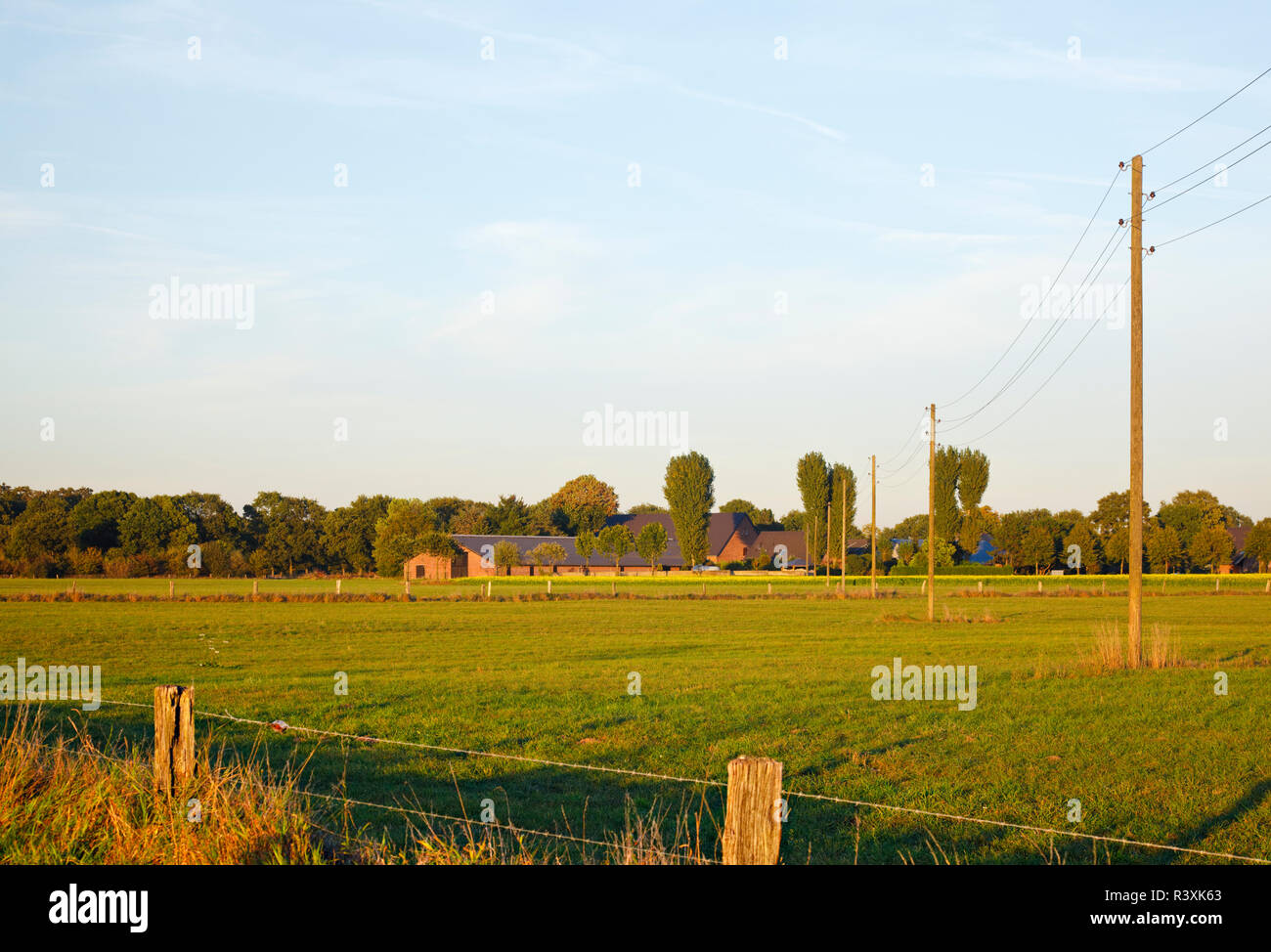 Green flat landscape with a farm in Germany Stock Photo - Alamy