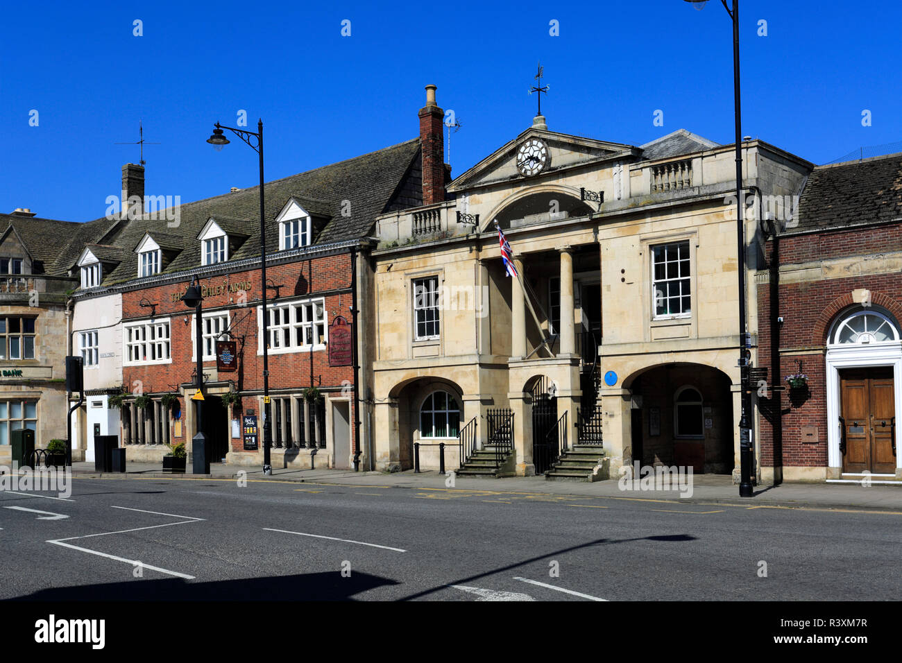 Town centre view, Town Hall, Bourne town; Lincolnshire; England; UK ...