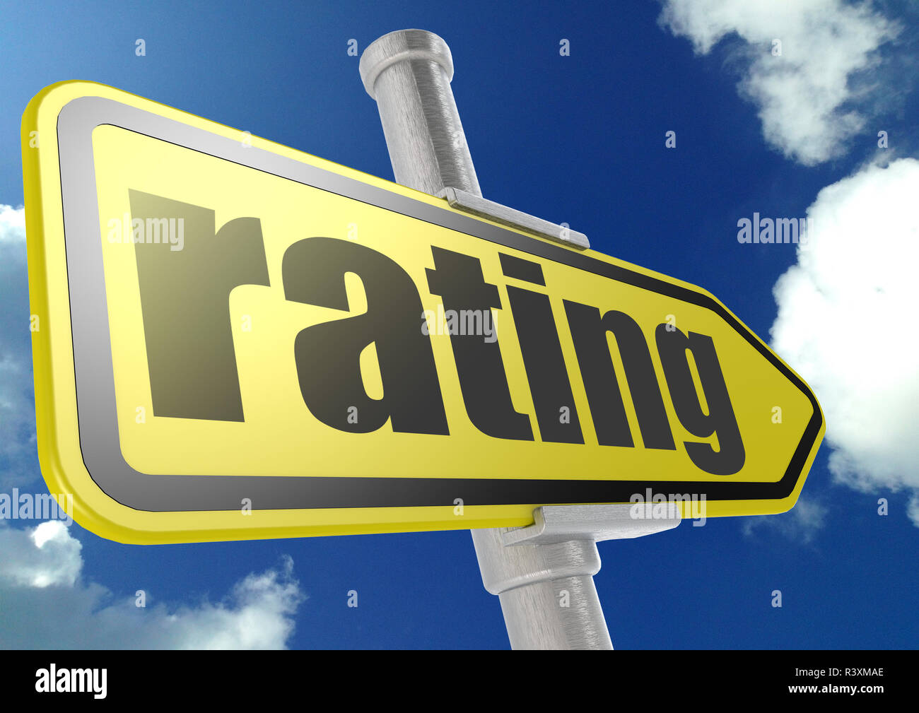 Yellow road sign with rating word under blue sky Stock Photo - Alamy