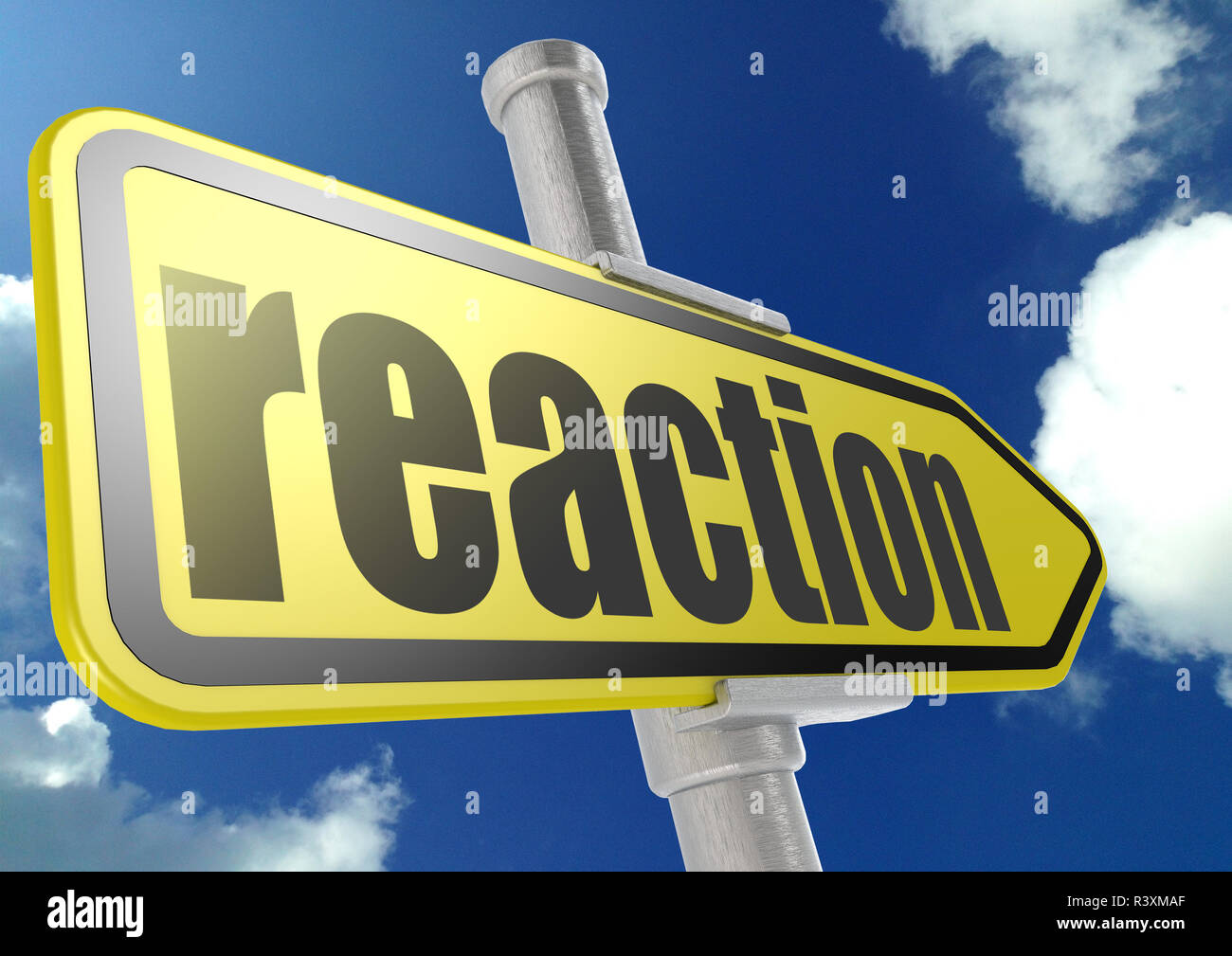 Yellow road sign with reaction word under blue sky Stock Photo - Alamy