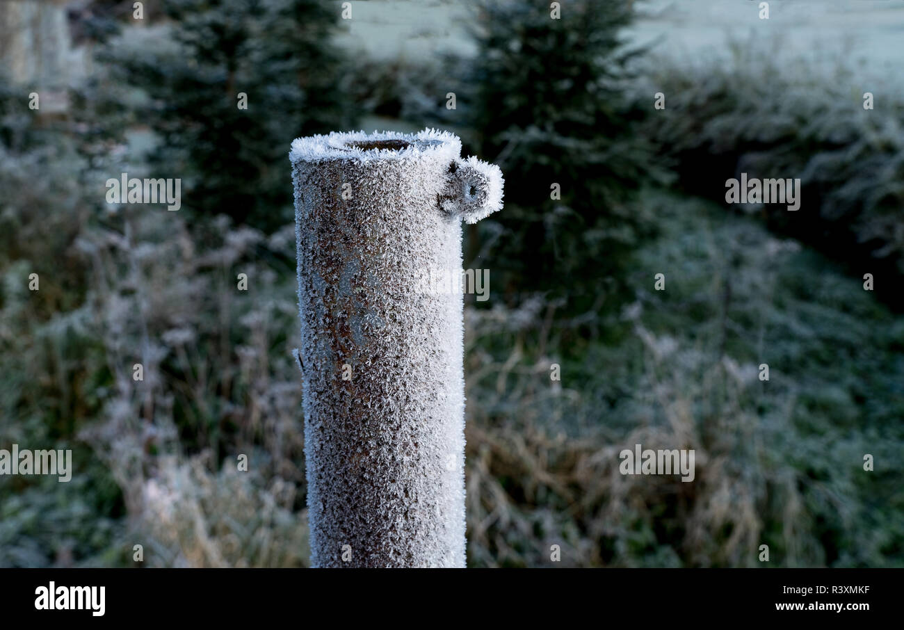 Frosty garden post, green natural environment background Stock Photo ...