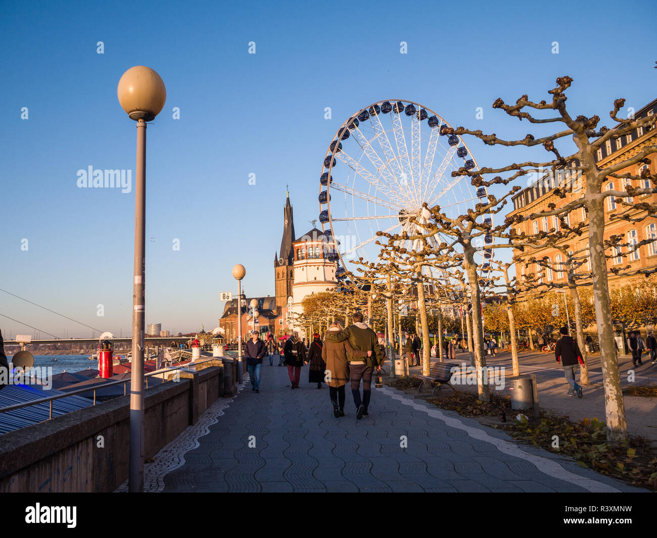 Rhine river promenade in Dusseldorf at dusk, Germany, EU Stock Photo ...