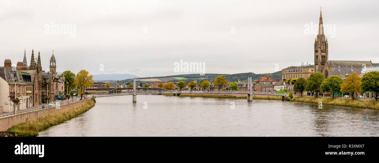 Panorama of Inverness city centre in early autumn with river Ness ...