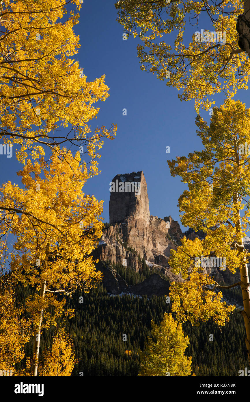 Chimney Rock framed with golden aspens, from Owl Creek Pass, Cimarron ...
