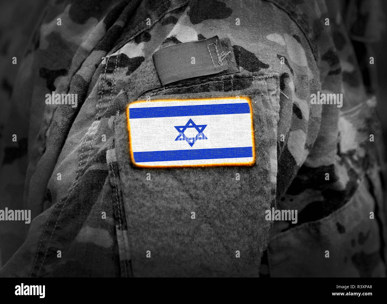 Israel flag on soldiers arm (collage Stock Photo - Alamy