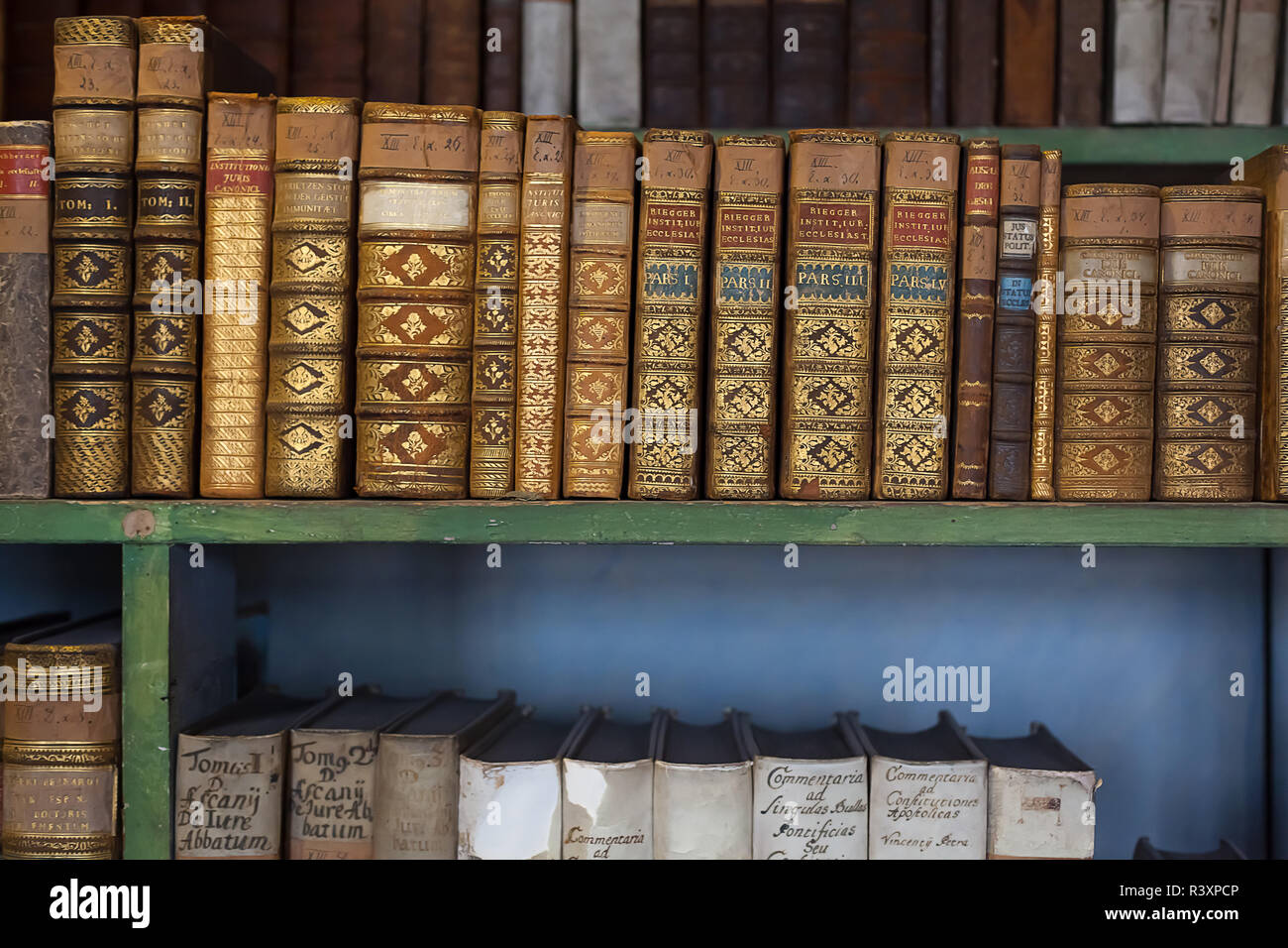 historic old books in library, wooden bookshelf Stock Photo - Alamy