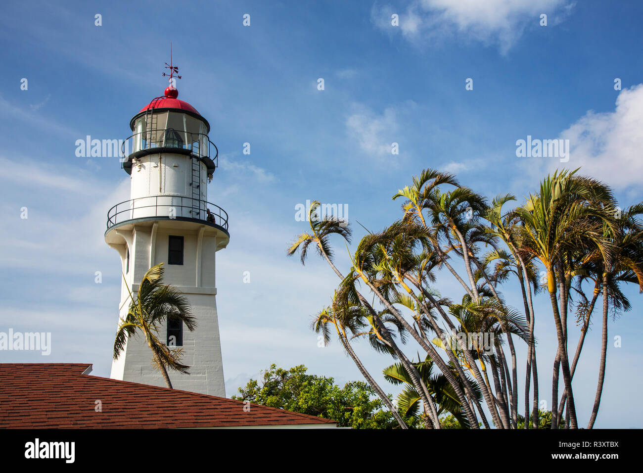 USA, Hawaii, Oahu, Morning light on Diamond Head Lighthouse with Puffy ...
